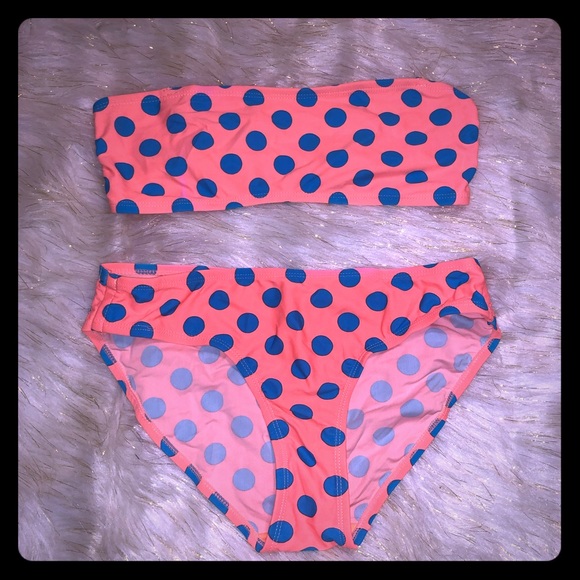 Swim | Nwt Coral Blue Polka Dot Bandeau 2 Piece Bikini | Poshmark